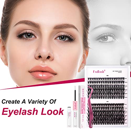 FADLASH DIY Eyelash Extension Kit, 240Pcs Lash Clusters with Lash Bond and Seal, Clusters Eyelash Applicator Tool, D Curl Thin Band DIY Lash Extension Kit Easy to Apply (30D+40D Kit)