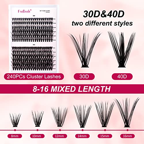 FADLASH DIY Eyelash Extension Kit, 240Pcs Lash Clusters with Lash Bond and Seal, Clusters Eyelash Applicator Tool, D Curl Thin Band DIY Lash Extension Kit Easy to Apply (30D+40D Kit)