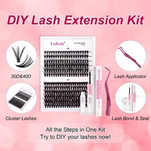 FADLASH DIY Eyelash Extension Kit, 240Pcs Lash Clusters with Lash Bond and Seal, Clusters Eyelash Applicator Tool, D Curl Thin Band DIY Lash Extension Kit Easy to Apply (30D+40D Kit)