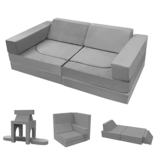 MeMoreCool 10-Piece Kids Couch Sofa, Modular Toddler Couch for Playroom Bedroom, Fold Out Couch Play Couch for Kid Girl Boy, Kids Convertible Sofa Sectional Foam Playset Couch Set, Grey