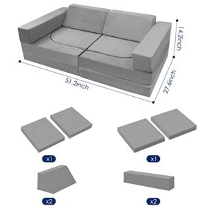 MeMoreCool 10-Piece Kids Couch Sofa, Modular Toddler Couch for Playroom Bedroom, Fold Out Couch Play Couch for Kid Girl Boy, Kids Convertible Sofa Sectional Foam Playset Couch Set, Grey