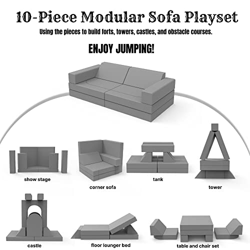 MeMoreCool 10-Piece Kids Couch Sofa, Modular Toddler Couch for Playroom Bedroom, Fold Out Couch Play Couch for Kid Girl Boy, Kids Convertible Sofa Sectional Foam Playset Couch Set, Grey