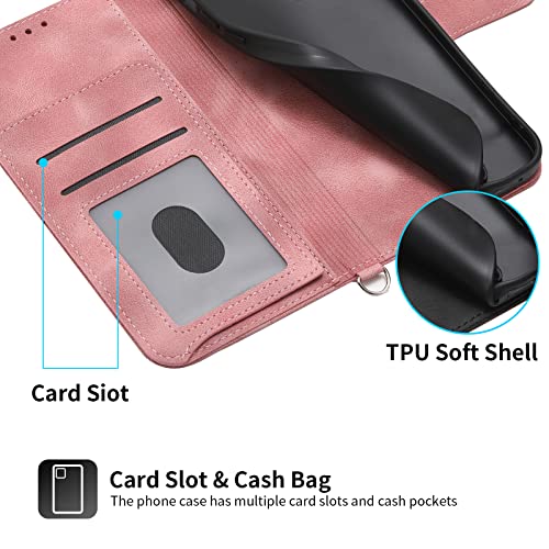 ONV Case for Oppo A17 4G - Flower Embossed Flip Phone Case Card Holder Magnet with Lanyard PU Leather + Soft Shell Wallet Cover for Oppo A17 4G [DEF] -Pink