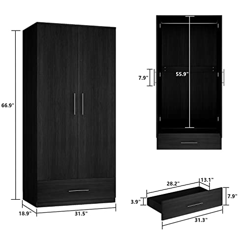 AIEGLE 2 Doors Wardrobe Armoire with Drawer, Freestanding Armoire Wardrobe Closet with Hanging Rod, Bedroom Wood Clothes Storage Cabinet Organizer in Black(31.5" W x 18.9" D x 66.9" H)