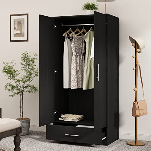 AIEGLE 2 Doors Wardrobe Armoire with Drawer, Freestanding Armoire Wardrobe Closet with Hanging Rod, Bedroom Wood Clothes Storage Cabinet Organizer in Black(31.5" W x 18.9" D x 66.9" H)