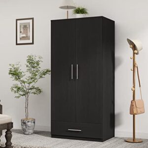 AIEGLE 2 Doors Wardrobe Armoire with Drawer, Freestanding Armoire Wardrobe Closet with Hanging Rod, Bedroom Wood Clothes Storage Cabinet Organizer in Black(31.5" W x 18.9" D x 66.9" H)