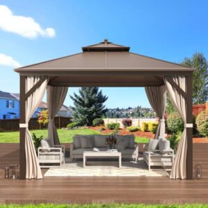 EROMMY 12'x12' Hardtop Gazebo, Outdoor Galvanized Steel Roof Canopy with Aluminum Frame, Permanent Metal Pavilion with Netting and Curtains, for Patio Backyard Deck and Lawns