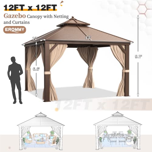 EROMMY 12'x12' Hardtop Gazebo, Outdoor Galvanized Steel Roof Canopy with Aluminum Frame, Permanent Metal Pavilion with Netting and Curtains, for Patio Backyard Deck and Lawns