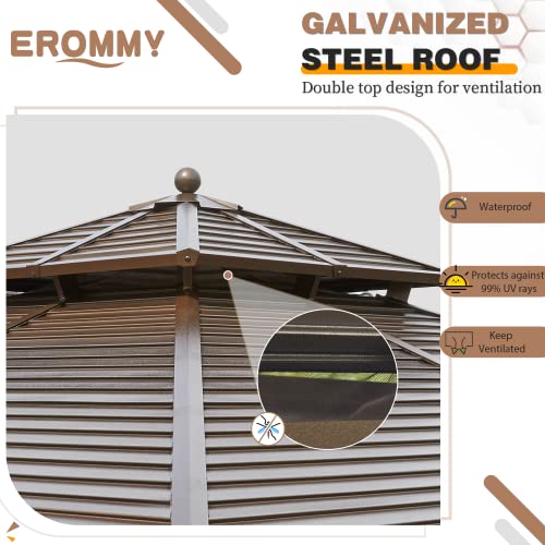 EROMMY 12'x12' Hardtop Gazebo, Outdoor Galvanized Steel Roof Canopy with Aluminum Frame, Permanent Metal Pavilion with Netting and Curtains, for Patio Backyard Deck and Lawns