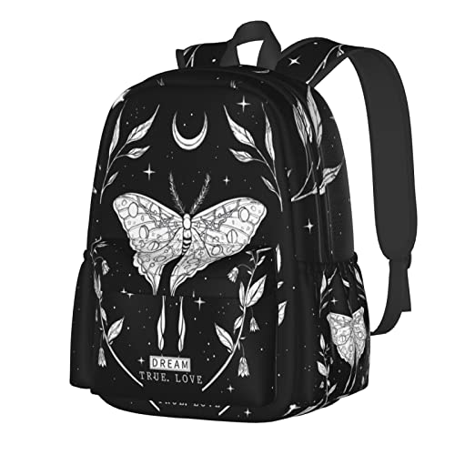 SUPLUCHOM School Backpack Black White Butterfly Moon Tarot Casual Daypack Men Women Polyester Laptop Bag with Side Pockets Bookbag for Travel Hiking Work Student Over 3 Years Old Kids