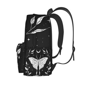 SUPLUCHOM School Backpack Black White Butterfly Moon Tarot Casual Daypack Men Women Polyester Laptop Bag with Side Pockets Bookbag for Travel Hiking Work Student Over 3 Years Old Kids