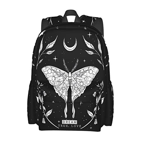 SUPLUCHOM School Backpack Black White Butterfly Moon Tarot Casual Daypack Men Women Polyester Laptop Bag with Side Pockets Bookbag for Travel Hiking Work Student Over 3 Years Old Kids