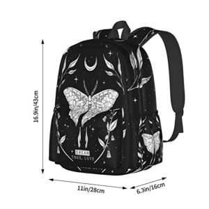 SUPLUCHOM School Backpack Black White Butterfly Moon Tarot Casual Daypack Men Women Polyester Laptop Bag with Side Pockets Bookbag for Travel Hiking Work Student Over 3 Years Old Kids