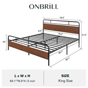 ONBRILL King Size Metal Bed Frame with Curved Wooden Headboard and Footboard, Mattress Foundation Platform Bed Frame with Under Bed Storage, No Box Spring Needed, Modern, Walnut