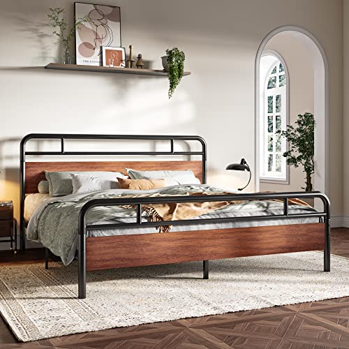 ONBRILL King Size Metal Bed Frame with Curved Wooden Headboard and Footboard, Mattress Foundation Platform Bed Frame with Under Bed Storage, No Box Spring Needed, Modern, Walnut