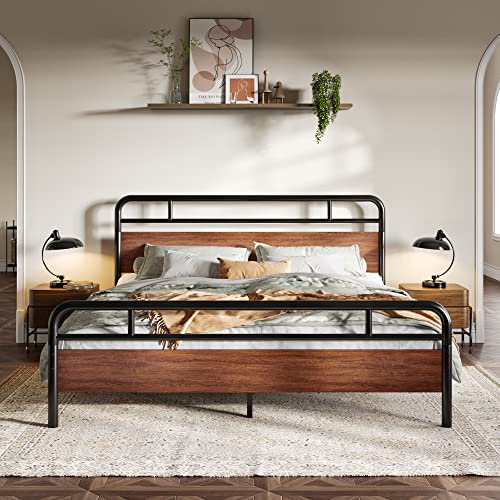 ONBRILL King Size Metal Bed Frame with Curved Wooden Headboard and Footboard, Mattress Foundation Platform Bed Frame with Under Bed Storage, No Box Spring Needed, Modern, Walnut