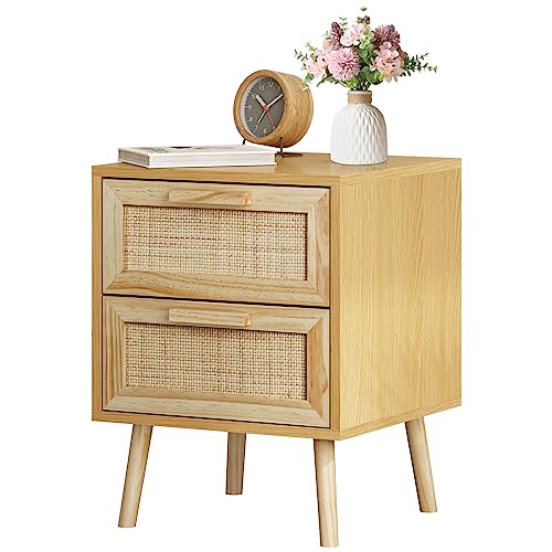 Koifuxii Bedside Tables with 2 Hand-Woven Natural Rattan Drawers - 2 Drawer Nightstands - Boho Bedroom Side Tables with Storage, Wood Night Stand