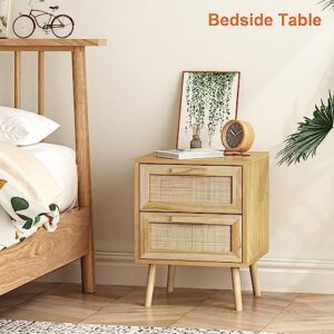 Koifuxii Bedside Tables with 2 Hand-Woven Natural Rattan Drawers - 2 Drawer Nightstands - Boho Bedroom Side Tables with Storage, Wood Night Stand