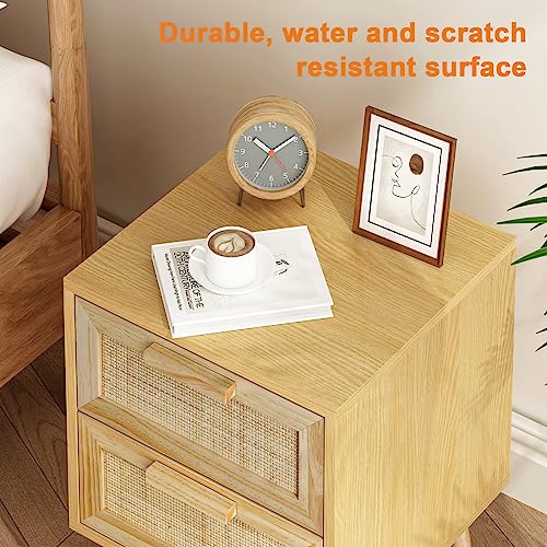 Koifuxii Bedside Tables with 2 Hand-Woven Natural Rattan Drawers - 2 Drawer Nightstands - Boho Bedroom Side Tables with Storage, Wood Night Stand