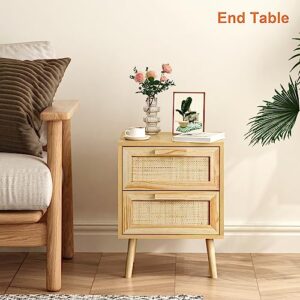 Koifuxii Bedside Tables with 2 Hand-Woven Natural Rattan Drawers - 2 Drawer Nightstands - Boho Bedroom Side Tables with Storage, Wood Night Stand