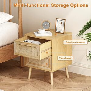 Koifuxii Bedside Tables with 2 Hand-Woven Natural Rattan Drawers - 2 Drawer Nightstands - Boho Bedroom Side Tables with Storage, Wood Night Stand