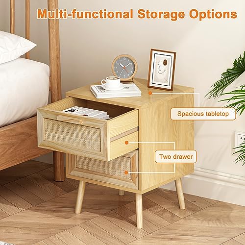 Koifuxii Bedside Tables with 2 Hand-Woven Natural Rattan Drawers - 2 Drawer Nightstands - Boho Bedroom Side Tables with Storage, Wood Night Stand