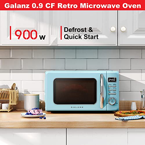 Galanz GLCMKZ09BER09 Retro Countertop Microwave Oven with Auto Cook & Reheat, 0.9 cu ft, Blue & Retro Electric Air Fryer with Non-Stick Basket, Temperature and Time Control, 4.8Qt, 1500W, Retro Blue