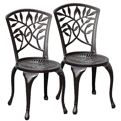 DWVO Outdoor Cast Aluminum Outdoor Chairs Set of 2, All-Weather Patio Dining Chair with Adjustable Feet for Balcony, Backyard, Deck, Garden, Hammered Bronze