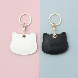 XEEWEN 2 Pack Cute Cat Airtag Leather Keychain Holder, Kawaii Black White Kitty Key Ring Hidden Case Cover for Apple Airtag