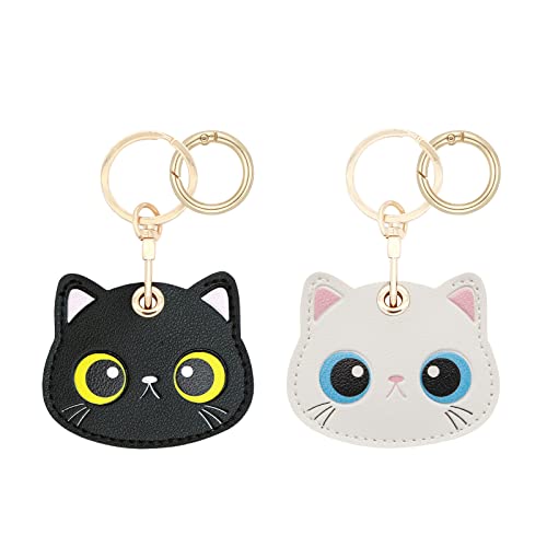 XEEWEN 2 Pack Cute Cat Airtag Leather Keychain Holder, Kawaii Black White Kitty Key Ring Hidden Case Cover for Apple Airtag