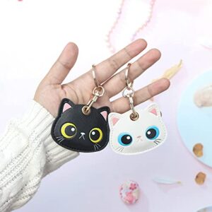 XEEWEN 2 Pack Cute Cat Airtag Leather Keychain Holder, Kawaii Black White Kitty Key Ring Hidden Case Cover for Apple Airtag