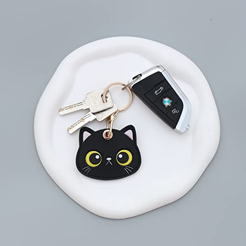 XEEWEN 2 Pack Cute Cat Airtag Leather Keychain Holder, Kawaii Black White Kitty Key Ring Hidden Case Cover for Apple Airtag