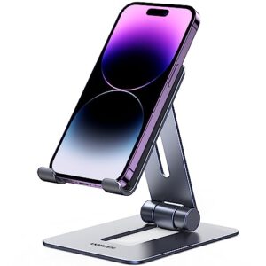 ugreen cell phone stand desk phone holder compatible with iphone 15 14 13 12 pro max 11 xs max xr x 8 plus, fully adjustable foldable desktop aluminum smartphone stand