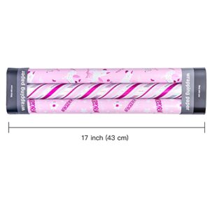 WRAPAHOLIC Wrapping Paper Roll - Mini Roll - 3 Rolls - 17 Inch X 120 Inch Per Roll - Purple Unicorn Design with Silver Foil for Birthday, Holiday, Baby Shower