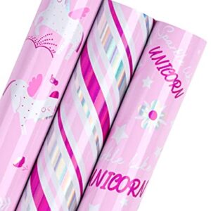 WRAPAHOLIC Wrapping Paper Roll - Mini Roll - 3 Rolls - 17 Inch X 120 Inch Per Roll - Purple Unicorn Design with Silver Foil for Birthday, Holiday, Baby Shower