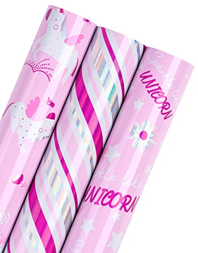 WRAPAHOLIC Wrapping Paper Roll - Mini Roll - 3 Rolls - 17 Inch X 120 Inch Per Roll - Purple Unicorn Design with Silver Foil for Birthday, Holiday, Baby Shower