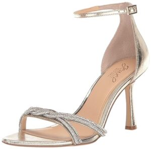 jewel badgley mischka women's vani heeled sandal, gold textile, 9