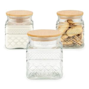 38 ounce square glass jar with bamboo lid - kitchen decorative glass jars with vintage diamond pattern - coffee pasta sugar tea snack nuts cookie jar with airtight lids - set of 3