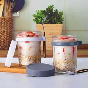 Overnight Oats Containers with Lid and Spoon Set of 2, Overnight Oats Jars 12 oz Large Capacity Airtight Oatmeal Container with Measurement Marks, Reusable On The Go Cups for Cereal Yogurt, Milk, Salads, Fruit (Grey)