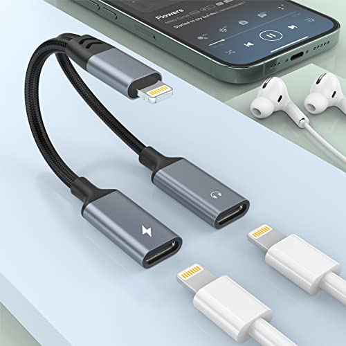 2-in-1 iPhone to Lightning*2 Jack Audio Headphone and Charger Cable Adapter, Video Call+Music+Charge+HiFi+Mic+Control,Earphones Converter Splitter for iPhone 14 13 12 11 Pro【Apple MFi Certified】