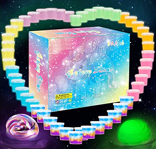 60 Pack Galaxy Slime Pack, Including Glow in The Dark Slime 30 Pack and Galaxy Slime 30 Pack, Super Soft and Stretchy Slime Toy for Any Child Favor, Birthday, Classroom Prizes, Goodies Bag Stuffer