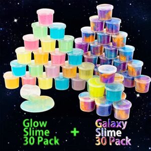 60 Pack Galaxy Slime Pack, Including Glow in The Dark Slime 30 Pack and Galaxy Slime 30 Pack, Super Soft and Stretchy Slime Toy for Any Child Favor, Birthday, Classroom Prizes, Goodies Bag Stuffer