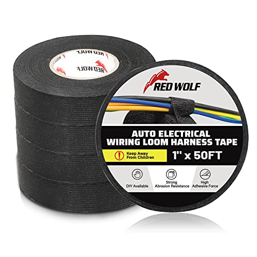 RED WOLF Wire Harness Tape 1 Inch 50 FT High Temp Wiring Loom Harness Self-Adhesive Felt Cloth Electrical Tape for Automotive Engine Electrical No Residue Fabric Insulated Black 5 Rolls