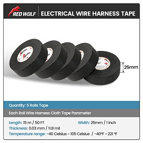 RED WOLF Wire Harness Tape 1 Inch 50 FT High Temp Wiring Loom Harness Self-Adhesive Felt Cloth Electrical Tape for Automotive Engine Electrical No Residue Fabric Insulated Black 5 Rolls