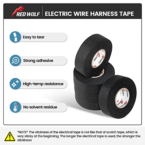 RED WOLF Wire Harness Tape 1 Inch 50 FT High Temp Wiring Loom Harness Self-Adhesive Felt Cloth Electrical Tape for Automotive Engine Electrical No Residue Fabric Insulated Black 5 Rolls