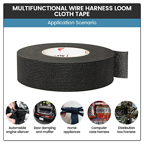 RED WOLF Wire Harness Tape 1 Inch 50 FT High Temp Wiring Loom Harness Self-Adhesive Felt Cloth Electrical Tape for Automotive Engine Electrical No Residue Fabric Insulated Black 5 Rolls