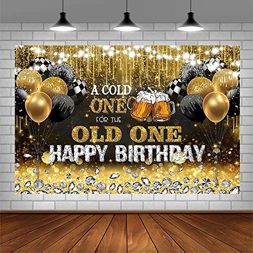 AIBIIN 7x5ft Happy Birthday Backdrop for Men A Cold One for The Old One Black and Gold Glitter Balloon Photography Background 30th 40th 50th Bday Beer Party Decoration Banner Photo Shoot Studio Props