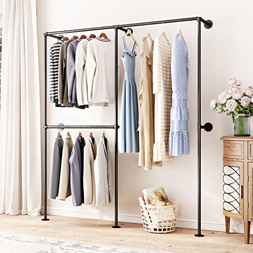 DR.IRON Industrial Pipe Clothing Racks with Double Bar, Industrial Black Clothes Racks Wall Mounted, Heavy Duty Closet Rods for Hanging Clothes Organizer Storage