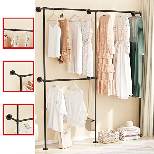 DR.IRON Industrial Pipe Clothing Racks with Double Bar, Industrial Black Clothes Racks Wall Mounted, Heavy Duty Closet Rods for Hanging Clothes Organizer Storage