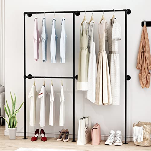 DR.IRON Industrial Pipe Clothing Racks with Double Bar, Industrial Black Clothes Racks Wall Mounted, Heavy Duty Closet Rods for Hanging Clothes Organizer Storage